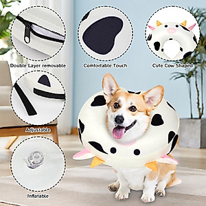 Hkojewp Inflatable Dog Cone Collar, Recovery Dog Cone for Medium Large Dog, Soft Cow Shaped Dog Cone Alternative After Surgery Neck Pillow, Dog Cones Stop to Licking for Dog,Cat(16Inch/40CM)