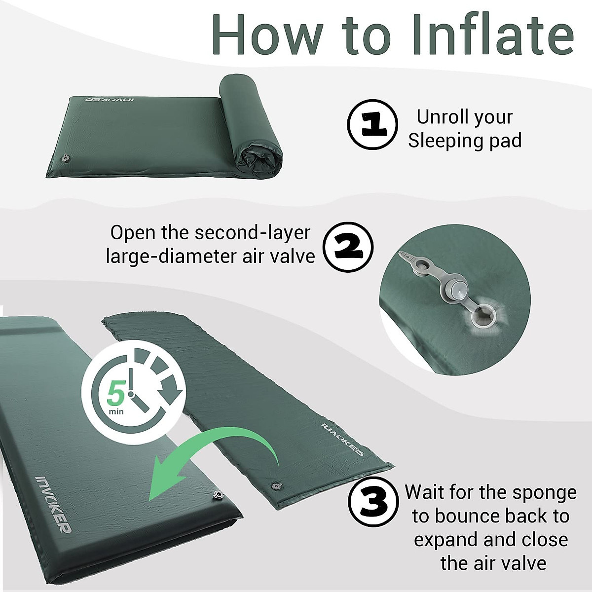 INVOKER Camping Sleeping Pad – 3.1 inch UltraThick Elasticity Foam Fast Self-Inflating Insulated Durable Camping Mat with Pillow for Tent Backpacking Traveling and Hiking Air Mattress