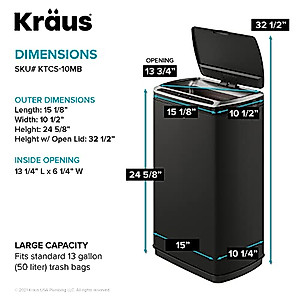 Kraus KTCS-10MB GarbagePro Rectangular 13 Gallon Hands-Free Motion Sensor Trash Can Battery Operated in Matte Black Finish with SoftShut Touchless Lid