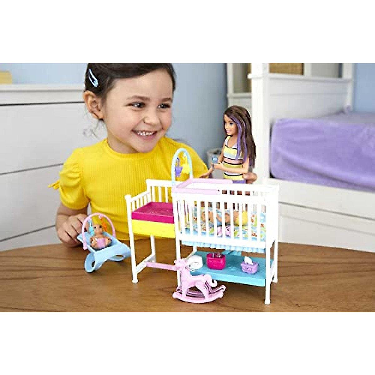 Barbie Skipper Babysitters Inc Dolls & Playset, Nap 'N Nurture Nursery, Skipper Doll, Baby Doll, Crib & 10+ Accessories, Working Bouncer
