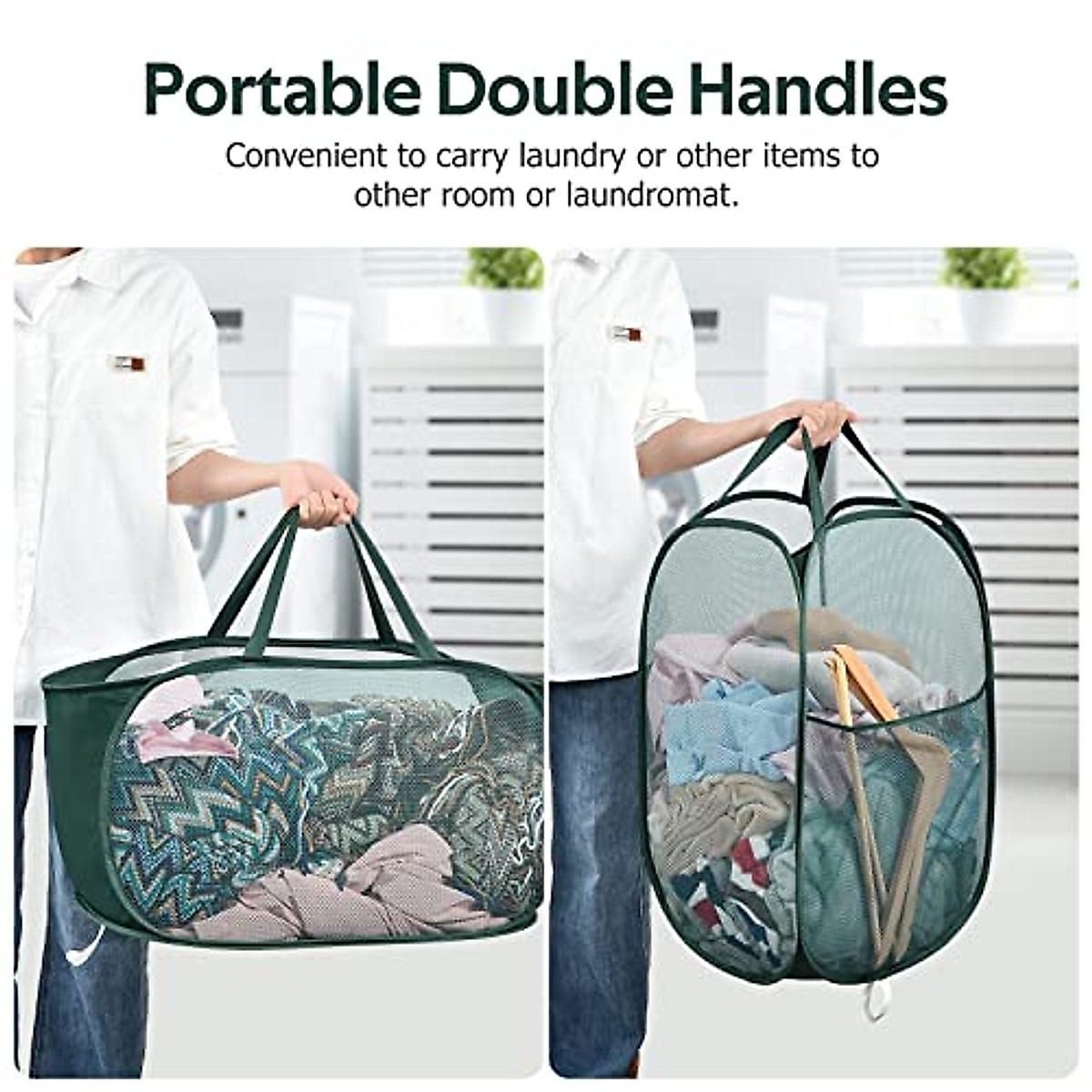 OTraki 2 Pack 70L Mesh Laundry Hampers with Long Handles Pop Up Clothes Basket for Laundry Collapsible Hamper with Large Side Pocket for Socks Detergent Hangers Easy to Carry in Home Hotel Green