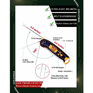 KUKVINA Waterproof Digital Instant Read Meat Thermometer for Cooking, Grilling, BBQ, Kitchen & Candy, Ultra-Fast Food Thermometer with Folding Probe，Backlight & Calibration Function