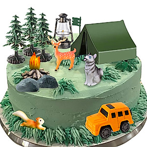 16 Pcs Camping Cake Toppers Camp Cake Decorations Fireside Camp Forest Cake Decors for Kids Camping Forest Theme Party and Camping Fans' Birthday Supplies