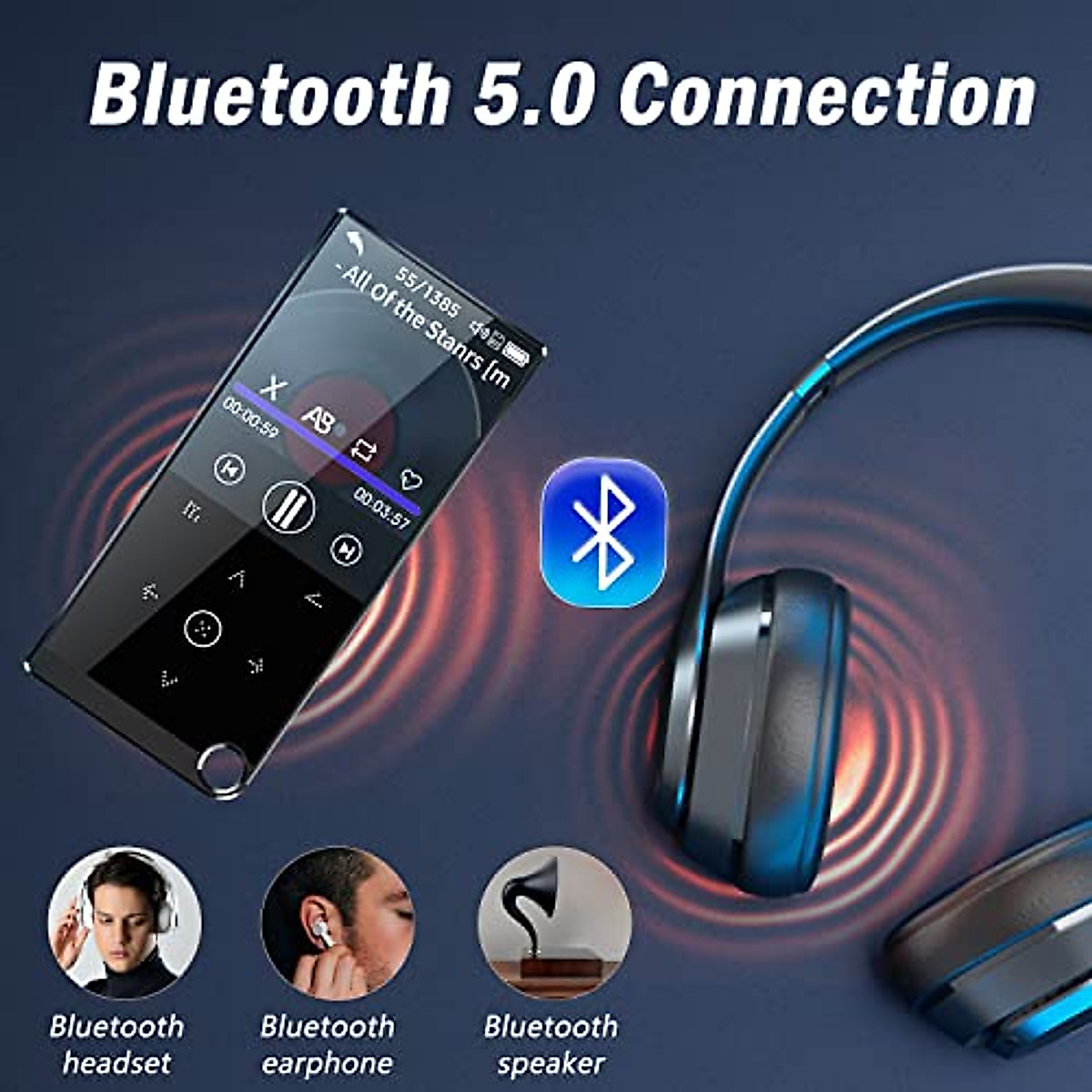 64GB MP3 Player with Bluetooth, Sunoony Music Player with FM Radio, Built-in HD Speaker, HiFi Lossless Sound, TF Card, Earphone, Voice Recorder/Video/Photo Viewer/E-Book Player for Kids, Running, Gift