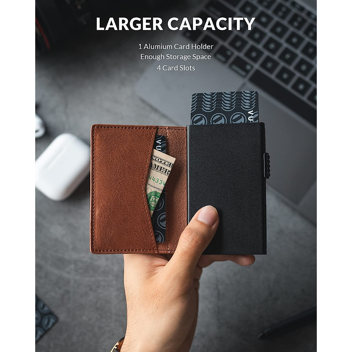 VULKIT Men's Slim Wallet Pop Up Card Holder RFID Blocking Metal Wallet Minimalist Design Holds Up to 11 Cards