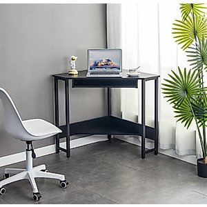 Aienid MDF Black Computer Desk Triangle Computer Desk,Corner Desk with Smooth Keyboard Tray& Storage Shelves,Compact Home Office,Small Desk with Sturdy Steel Frame As Workstation for Small Space