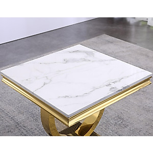 SSLine Modern White Faux Marble End Table Luxury Square Sofa Side Table with Gold Pedestal Base Mid-Century Elegant Bedside Table w/Mirrored Stainless Steel Frame Legs for Living Room Bedroom