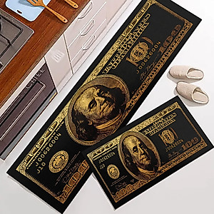 GUBIYU Black Bathroom Rug Set 100 Dollar Bill Kitchen Rug Money Rugs Nonslip Rubber Backed Gold Bathroom Mats and Rugs Sets Rug Runner Floor Mat Washroom Bathroom Laundry Doormat (17.5"X29"+17.5"X59")