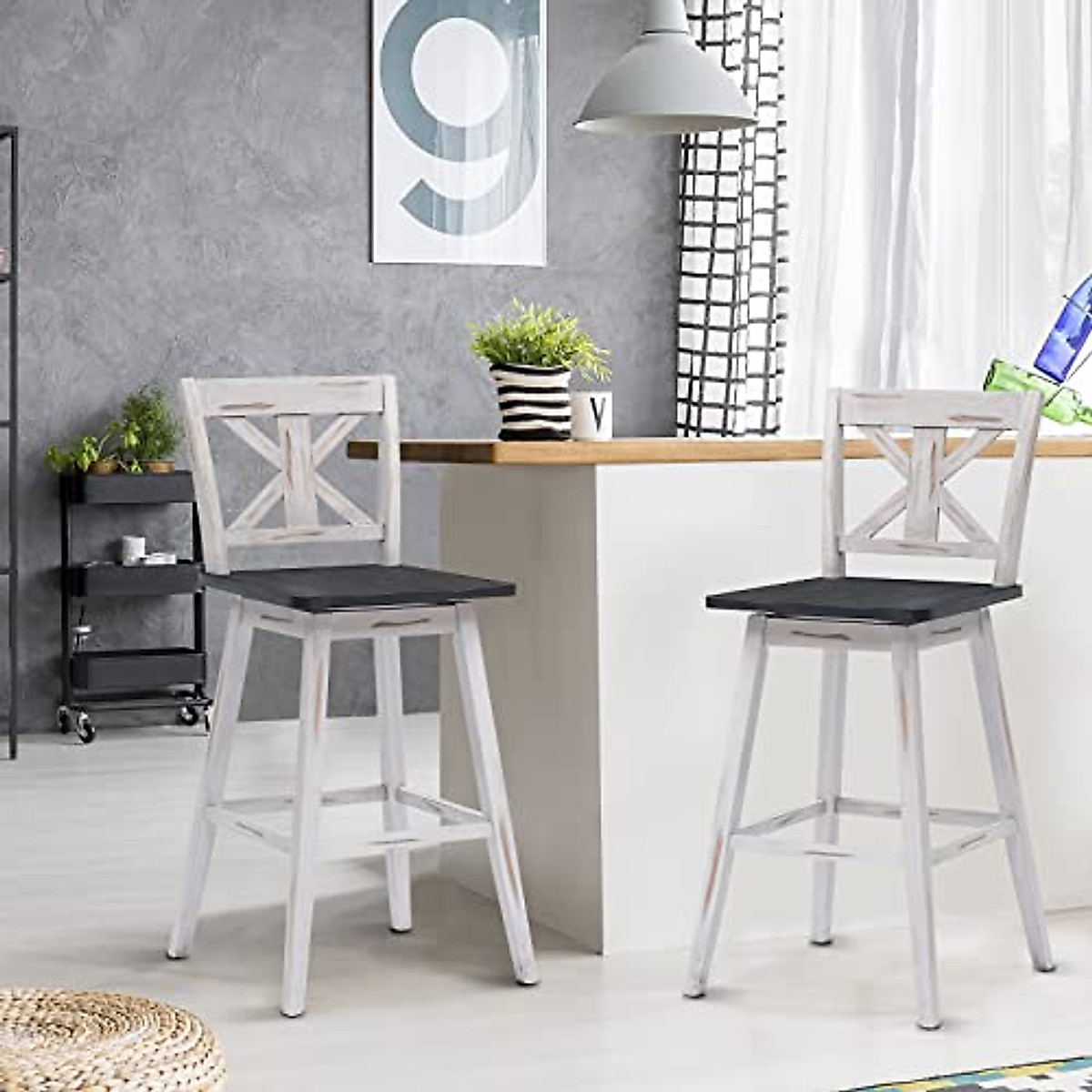 COSTWAY Bar Stools Set of 2, 360 Degree Swivel, 29-inch Height Chairs w/Non-Slip Foot Pads, Rubber Wood Bar Chairs, Vintage Bar Stools for Home, Restaurant (White)