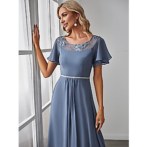 Ever-Pretty Women's Ruffles Sleeve High Low Lace Beaded Chiffon Midi Bridesmaid Gowns Wedding Guest Dress Dusty Blue US14