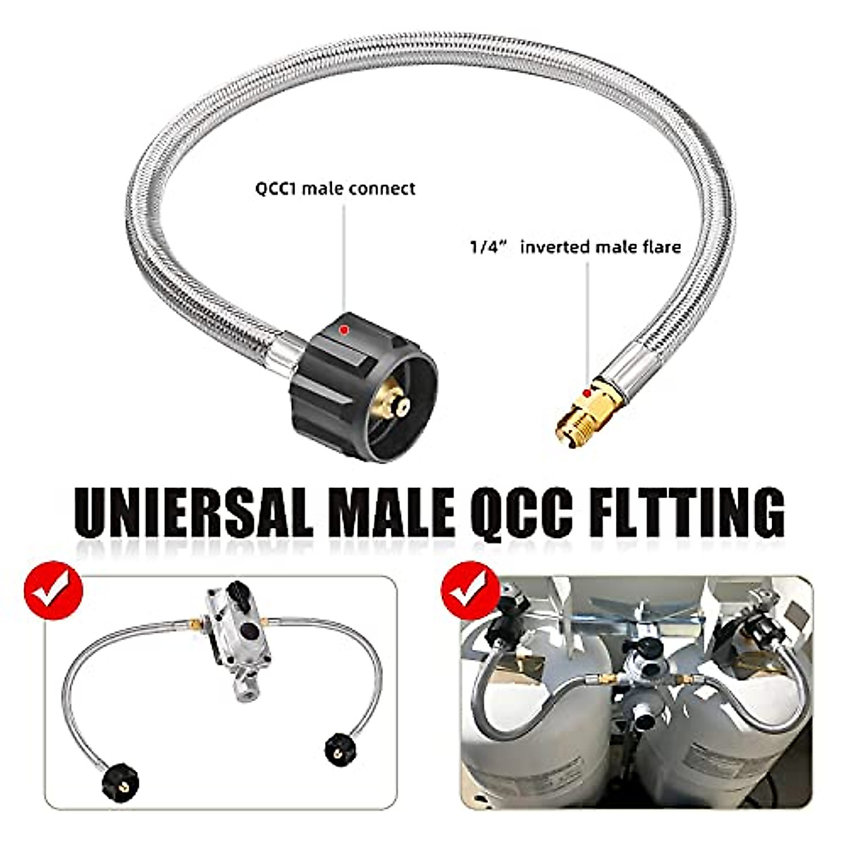 Startool 15 Inch RV Propane Hose, Camper Gas Line Replacement, 1/4-Inch Inverted Male Flare x QCC-1, 2 Pack