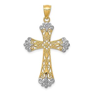 Solid 14k Yellow and White Gold Two Tone Diamond-Cut Cross Pendant (21mm x 38mm)