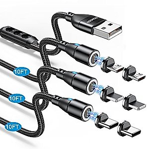 ODDADD Magnetic Charging Cable 3A Fast Charging[3Pack-10ft/10ft/10ft], 360° Rotating Magnetic Phone Charger Data Sync, Compatible with Micro USB, Type C, iProduct Devices