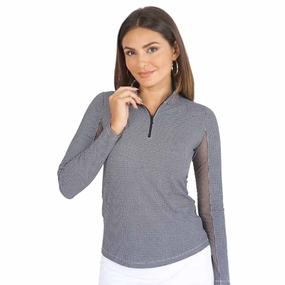 IBKUL Athleisure Wear Sun Protective UPF 50 Icefil Cooling Mini Check Long Sleeve Mock Neck - 10754 Black/White Mini Check L