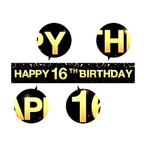 Greatingreat Large Cheers to 16 Years Banner, Black Gold 16 Anniversary Party Sign, 16th Happy Birthday Banner(9.8feet X 1.6feet)