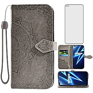 Compatible with OPPO Reno 6 Pro 5G Wallet Case and Tempered Glass Screen Protector Leather Mandala Flower Flip Cover Credit Card Holder Stand Cell Accessories Phone Cases for Reno6 6Pro 5G Women Gray