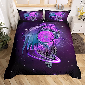 Erosebridal Galaxy Bedding Set Queen Size Dream Catcher Comforter Cover Boho Theme Duvet Cover Set Dragon and Feather Printed 3 Piece Bedding Decorative with 2 Pillow Cases for Kids Adults,Purple