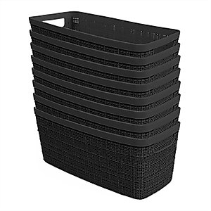 Curver Jute Decorative Plastic Slim Organization and Storage Laundry Room Basket Perfect Bins for Home Office, Closet Shelves, Kitchen Pantry, Bedroom Decor and Bathroom Accessories, Set of 8, Black