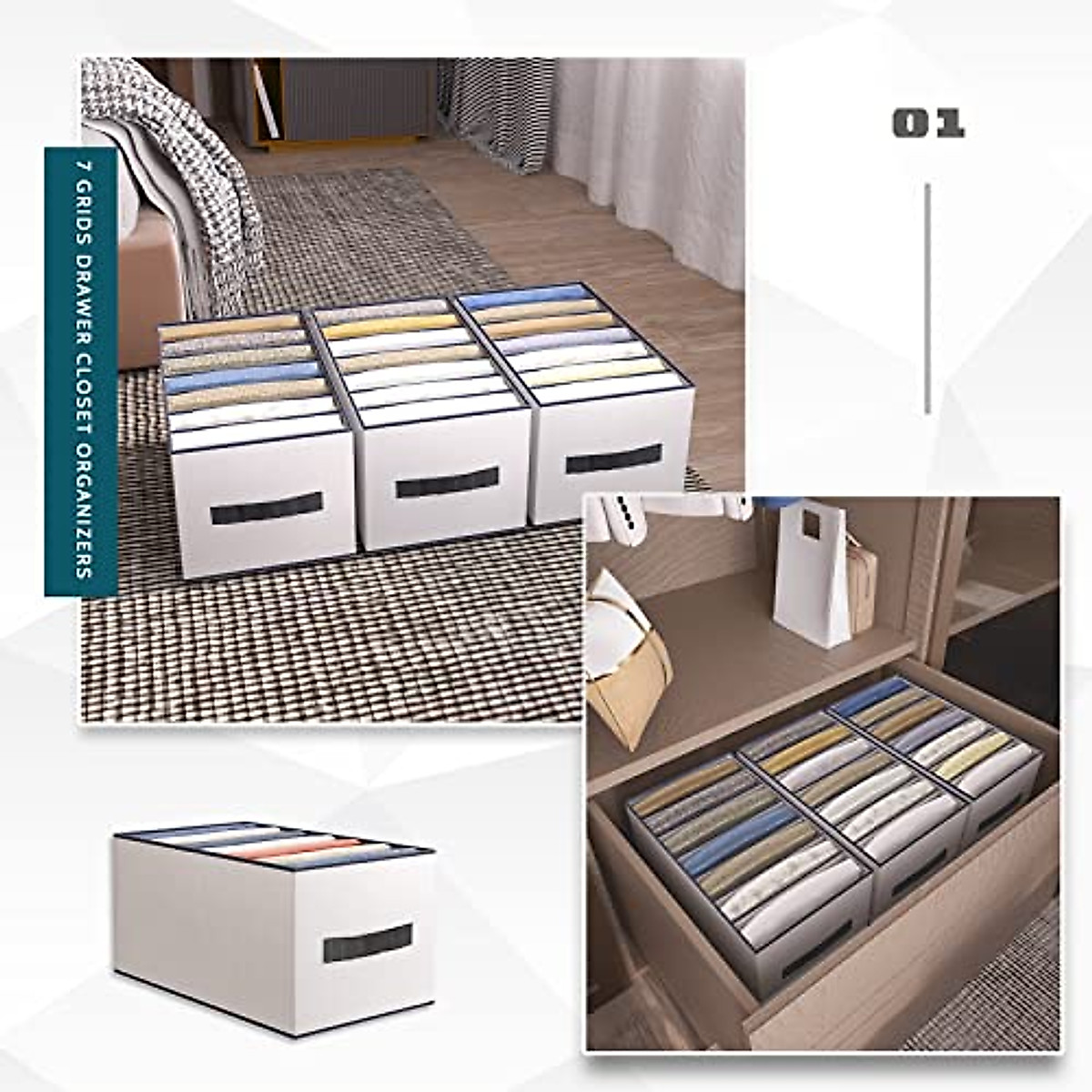 DonYeco 3 Pack Wardrobe Clothes Organizer, 7 Grids Jeans Drawer Closet Organizers and Storage, Dimension 14-1/4" x 9-1/2"x 8" (Compartment width: 2")