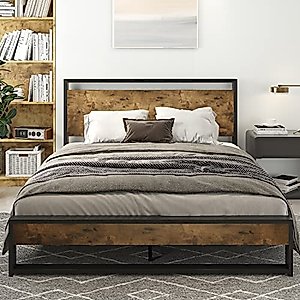 IMUsee Queen Bed Frame with Wooden Headboard, Modern Rustic Style Platform Bed Frame Queen Size, No Box Spring Needed, Easy Assembly, Brown