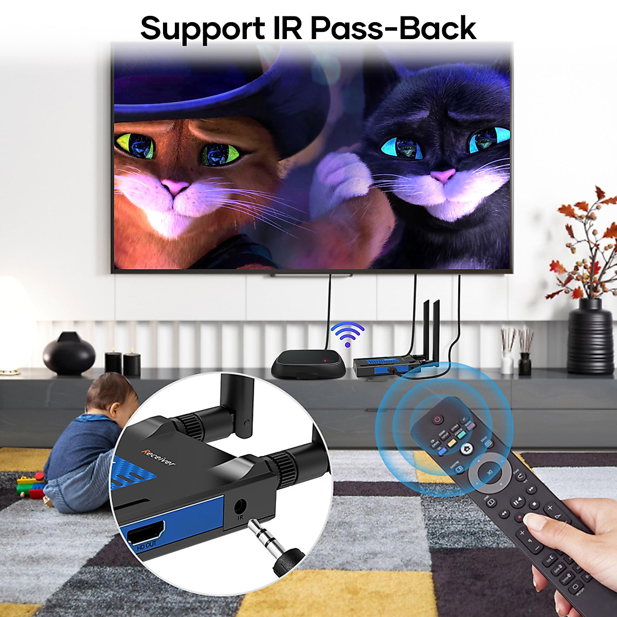 Wireless HDMI Transmitter and Receiver, 2.4/5G Supports 1080P Range up to 820ft Wireless Video Transmitter for TV with LoopOut and Support IR from PC/Laptop/Set-top/DSLR to Monitor/Projector/TV