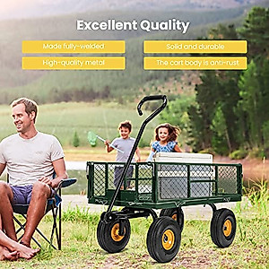 VIVOHOME Heavy Duty 880 Lbs Capacity Mesh Steel Garden Cart Folding Utility Wagon with Removable Sides and 4.10/3.50-4 inch Wheels (Green)