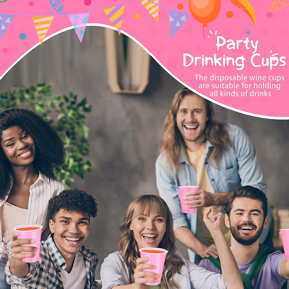 Yinkin 100 Pcs 9oz Halloween Disposable Plastic Cups Cold Drinking Cups for Birthday Party Wedding Wine Coffee Halloween Thanksgiving Christmas(Pink)