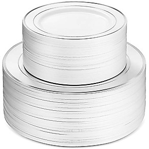 100 Piece Plastic Party Plates White Silver Rim, 50 Premium Heavy Duty 10.25 Inch Dinner and Disposable 7.5 Dessert Appetizer Elegant Fancy Wedding