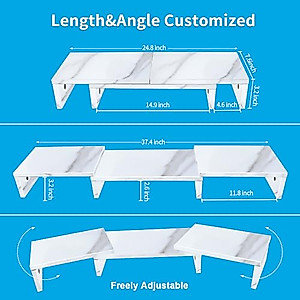 TEMI Dual Monitor Stand Riser with Adjustable Length and Angle, White Slate Texture Computer Monitor Stand, 3 Shelf Desktop Storage Organizer Riser for Laptop/Computer/TV/PC/Printer