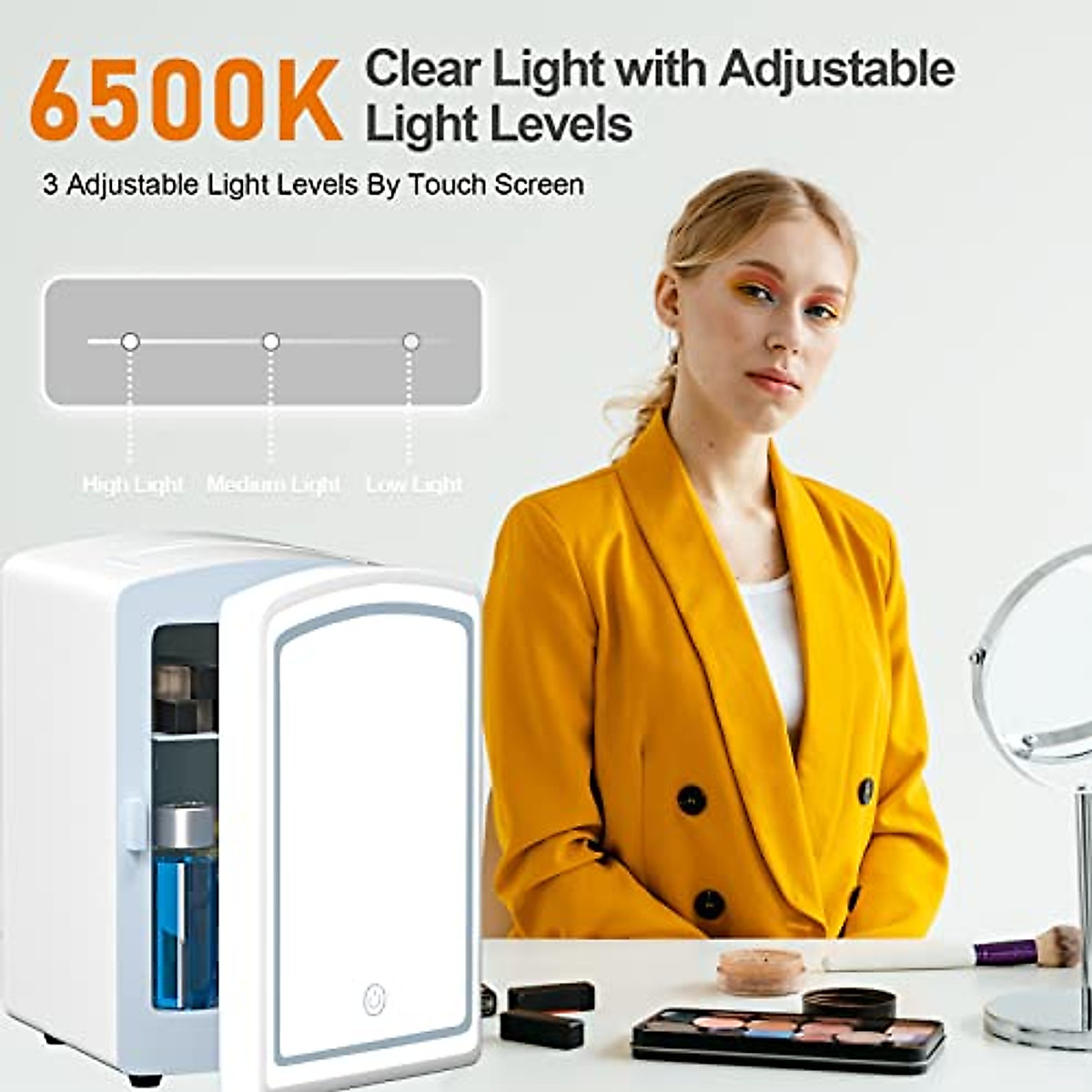 COYCYQI Mini Fridge for Skin Care, 4 Liter Portable Small Fridge with Mirror, Hot or Cold Personal Beauty Refrigerator for Bedroom, Office, Car, Makeup (White)