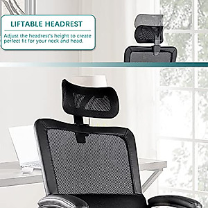 Office Chair, Ergonomic Mesh Desk Chair, High Back Swivel Task Executive Computer Chair Padding Comfy Armrests with Adjustable Headrest Lumbar Support