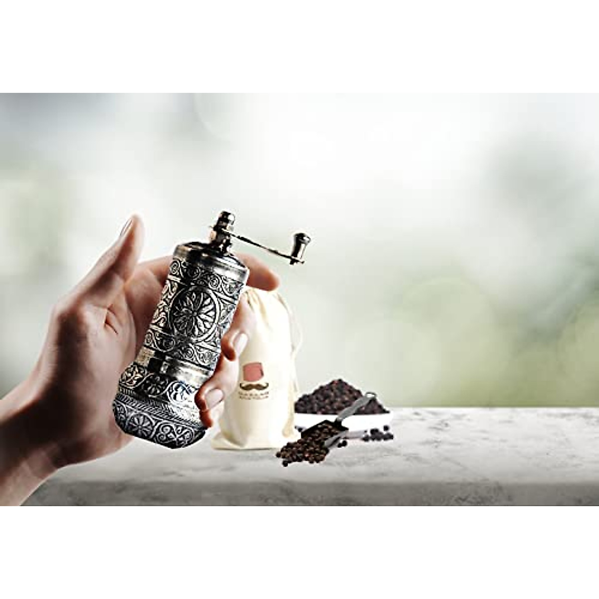 Bazaar Anatolia Turkish Pepper Mill Grinder Refillable Spice 4.2" Manual Crank Handle (Dark Silver)