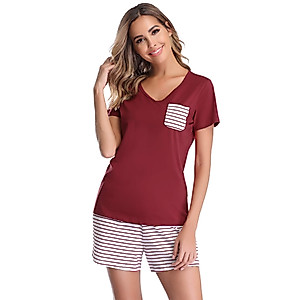 Vlazom Womens Pajama Set Cotton Short Pj Set Summer Stripe Lounge Set for Sleeping Yoga Gym Running Dark Red