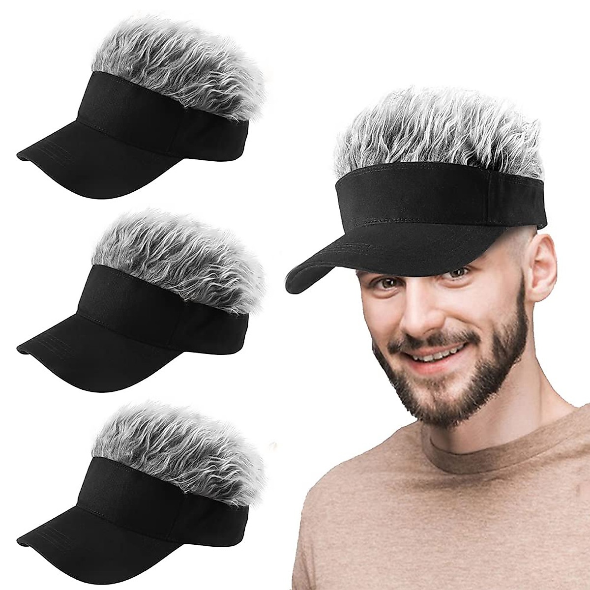 Regilt Adjustable Sun Visor Hat with Wig Spiked Hairs Fashion Baseball Golf Cap for Men & Women (3pcs-Black Gray)