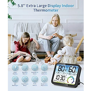 VOCOO Digital Indoor Room Thermometer - 5.8'' Extra Large Display Temperature Humidity Sensor with Accurate Temp Humidity Gauge Monitor, Calibration, Max & Min Records, Comfort, Backlit, Date & Clock