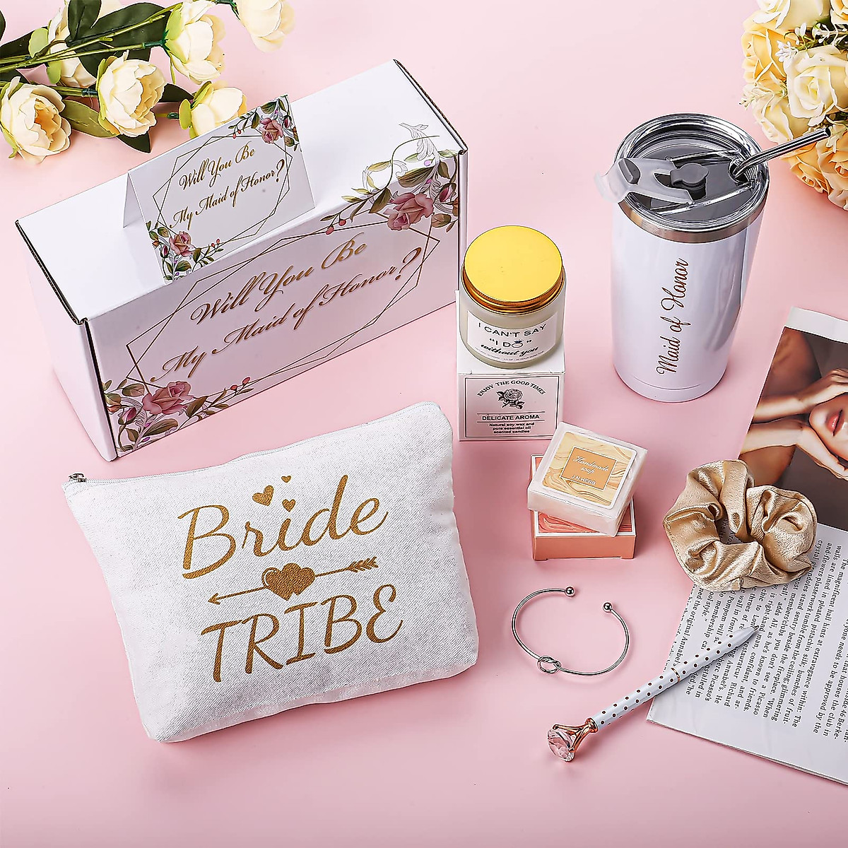 DHQH Bridesmaid Proposal Gifts Bridesmaid Gifts Box from Brides Bachelorette Party Gifts for Bridesmaids Wedding Gifts for Bridesmaid,20oz Bridesmaid Tumbler With Lid and Straws