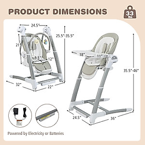 HONEY JOY 3 in 1 Baby Swings, Convertible Highchair for Babies and Toddlers, Compact Portable Infant Swing, Infant Booster Seat w/Double Tray, Music & Wheels, Easy Folding, Double Food Tray(Gray)