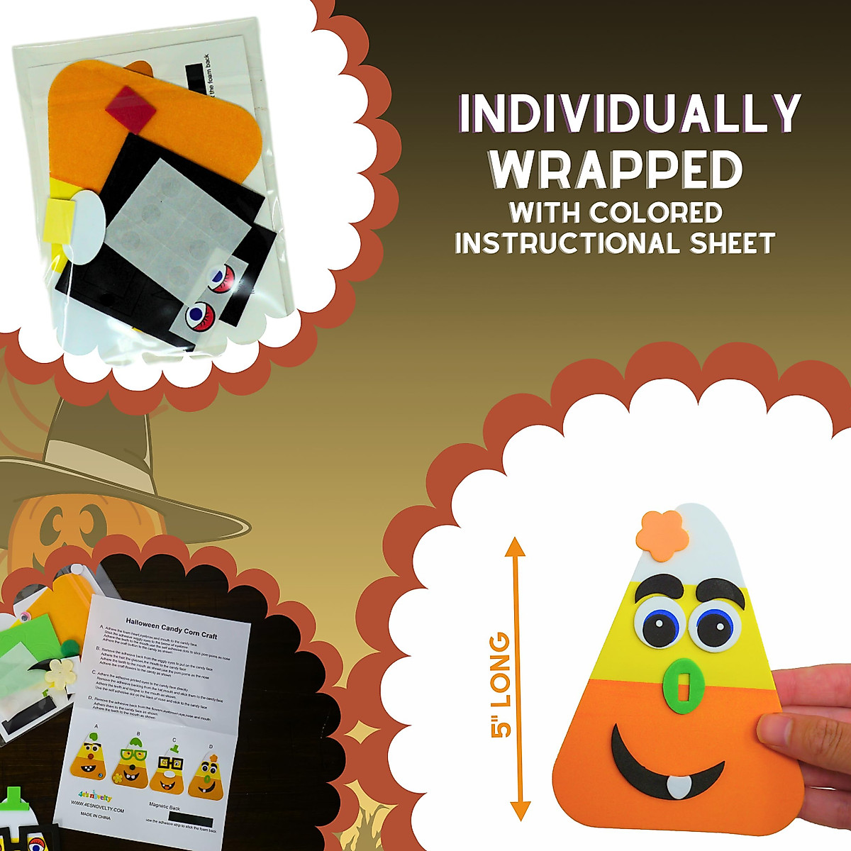 4E's Novelty Halloween Crafts for Kids (12 Pack) Goofy Candy Corn Magnet Foam Craft Kit - Bulk Fall Arts and Crafts for Toddlers & Kids, Halloween Activities for Kids Party