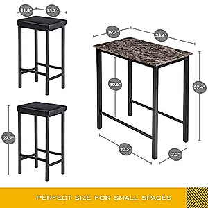 HOMURY 3-Piece Pub Bar Table Set for 2, Faux Marble Tavern Set Breakfast Nook Dining Table Set with 2 Faux Leather Backless Stools, 35.4" W X 19.7" D X 37.4" H