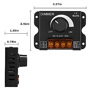 SUPERNIGHT LED Light Strip Dimmer, DC12V-24V 30A PWM Dimming Controller for Dimmer Knob Adjust Brightness ON/Off Switch with Aluminum Housing (Aluminum Dimmer)