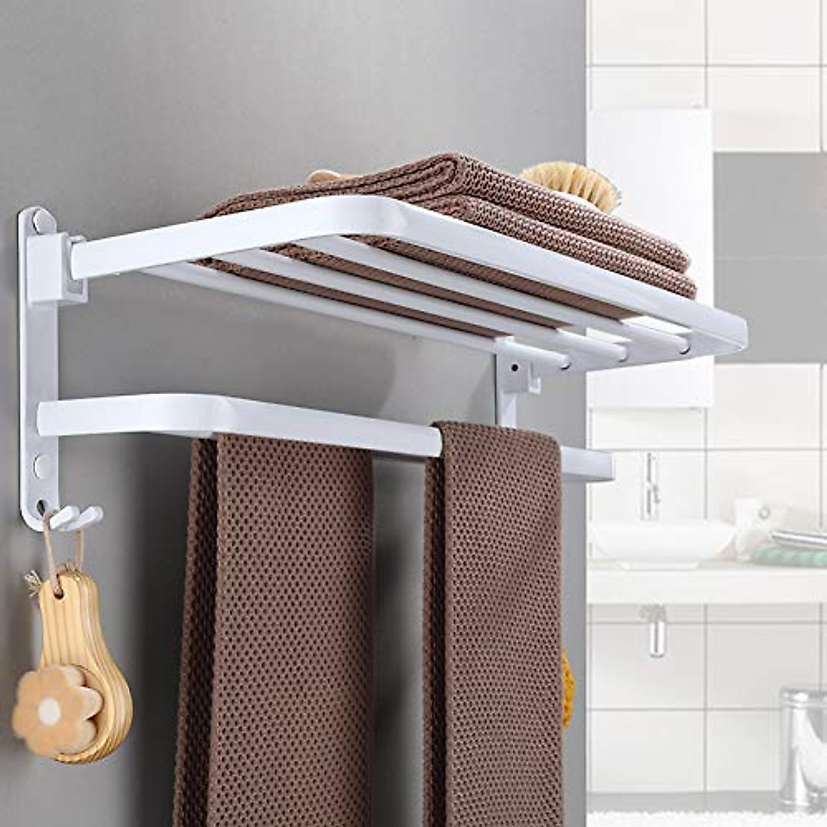 SETSCZY Towel Rack Wall Mounted Punch/Drill Foldable Bathroom Towel Rack Hotel Bathroom White Double Layer Shelf,49cm