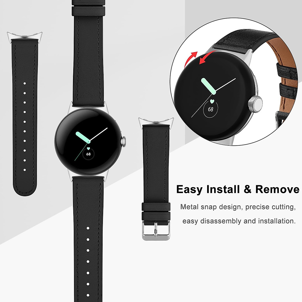 Vanjua Leather Band Compatible with Google Pixel Watch Bands for Women Men, Adjustable Wristband Replacement Strap for Google Pixel Watch Band (Black)