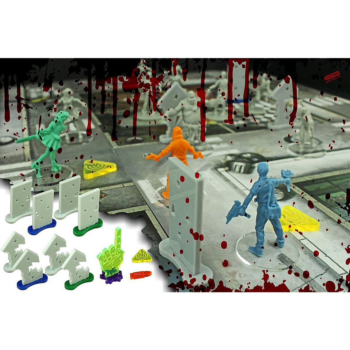 LITKO Zombie Game Set | Compatible with Zombicide | Prison Cell Door | Locked Door | Unlocked | Objective | 1st Player | Born Leader | Skill Bullet | Noise | Smashed | Mall | 55 Pack (Base Game)