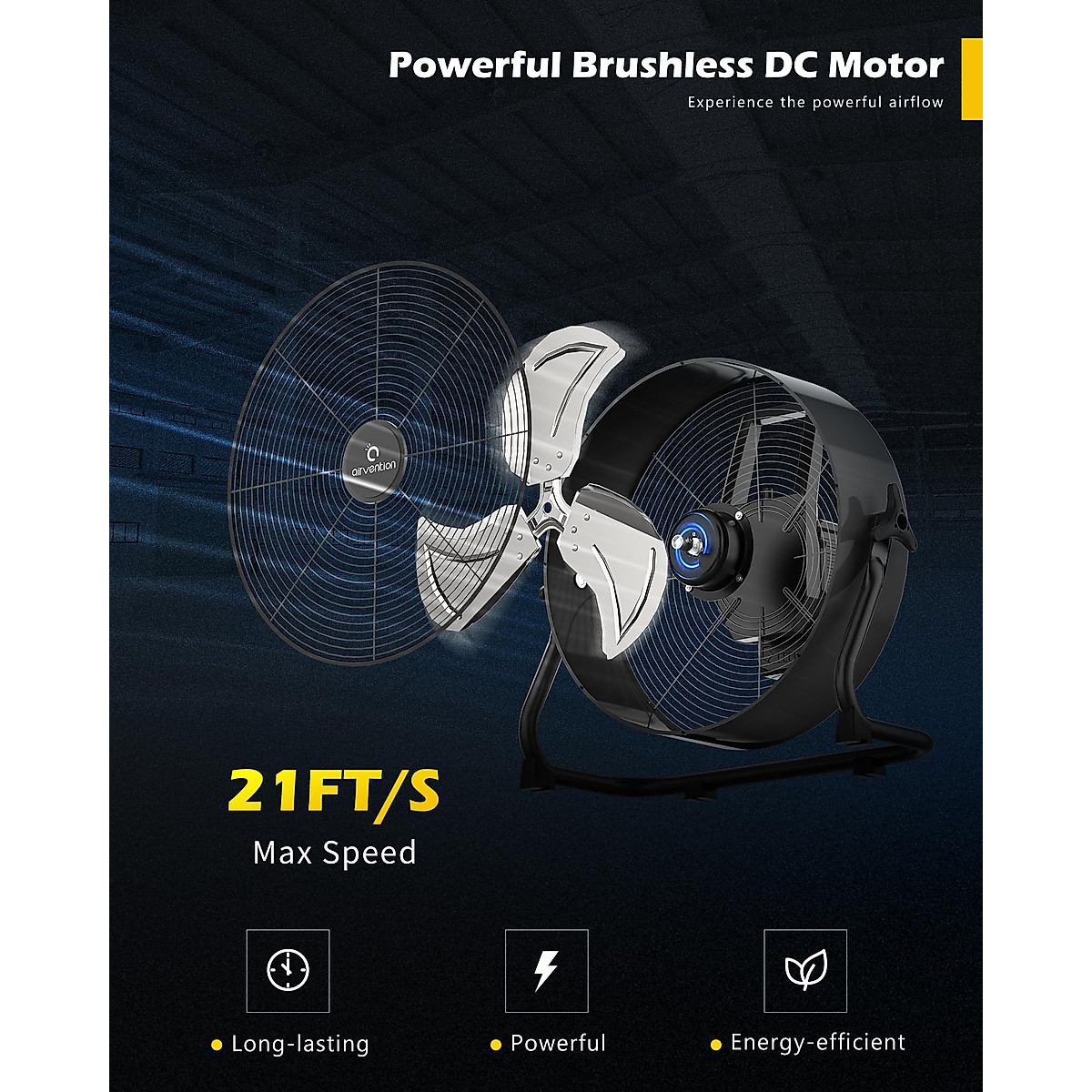 Airvention 15600mAh Rechargeable Battery Operated Floor Fan, 12 inch Black Industrial High Velocity Drum Fan, Camping Fan for Gym Garage Outdoor Indoor, AI-F600