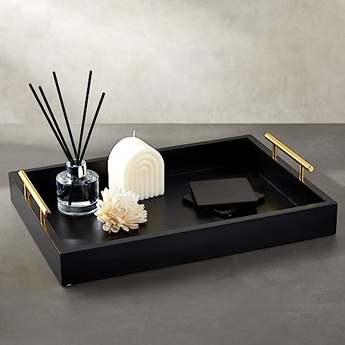 Black Serving Tray for Coffee Table, 16x12 with Coasters, Decorative Interchangeable Gold andSilver Handles