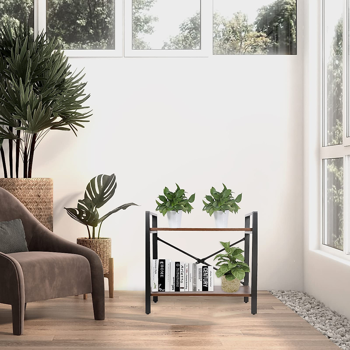 YSSOA 2 Tier Shelf, Industrial Rustic, Vintage Storage Rack, 23.6”x12.6”x21.6”, Cozy Double Layer Wooden Shelf, Rustic Brown