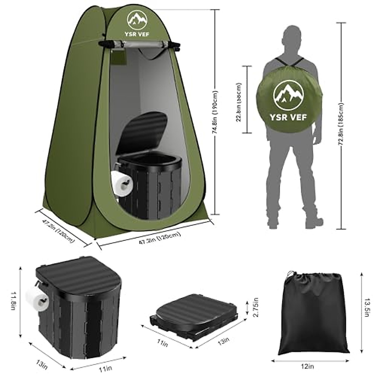 Portable Toilet Kit for Adults,Pop Up Privacy Tent,Large Portable Toilet Potty for Adults,12 Toilet Bags,12 Pack Liquid Waste Gel,Washable,Portable Outdoor Showers, Tents,Camp Toilets,Changing Rooms