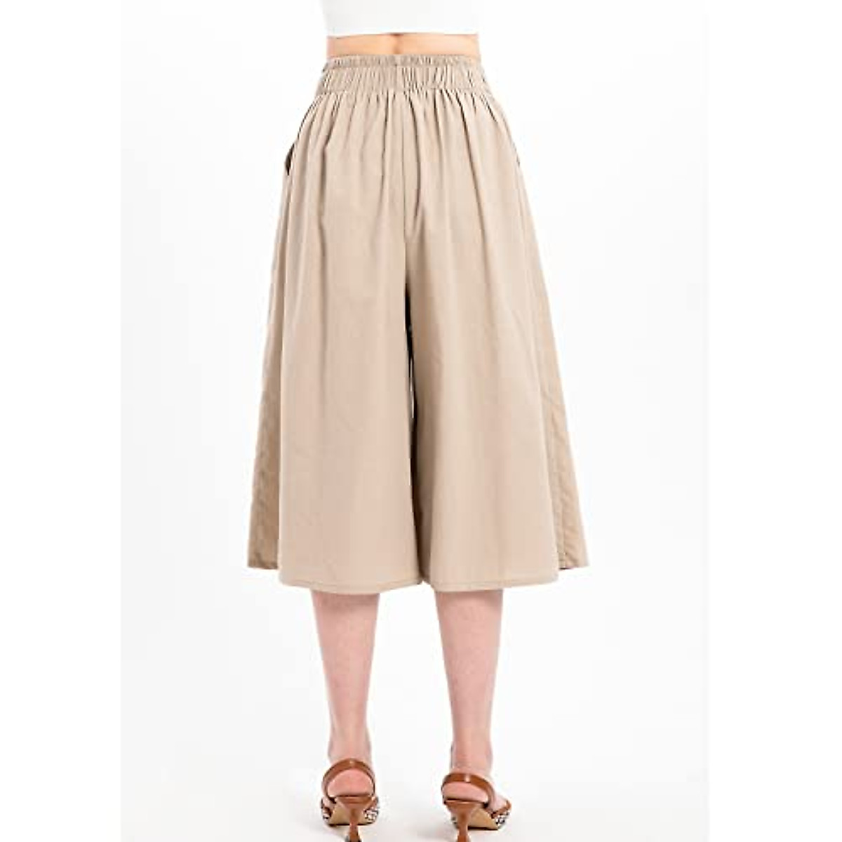 Lisskolo Linen Pants for Women Cropped Wide Leg Elastic Waist Casual Culottes Pants with Pockets Khaki XL