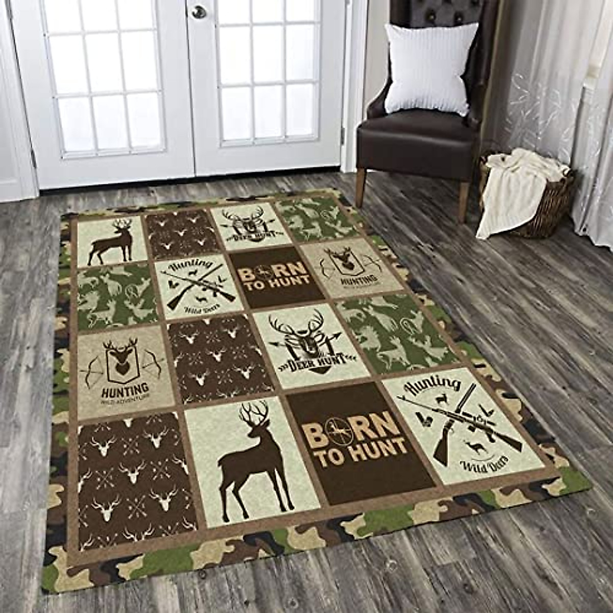 Satigi Deer Hunting Rug, Born to Hunt Rug, camo Area Rugs 5x7, Boho Rug Non-Slip Soft Bath Kitchen Living Room Carpet Outdoor Room Bathroom Rug Memory Foam Decor 2x3 3x5 4x6 5x8 Area Rug