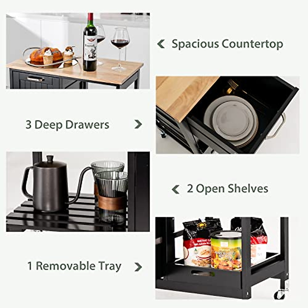GOFLAME Kitchen Island Cart on Wheels with Storage, Versatile Rolling Cart with Wood Countertop, 3 Drawers, Removable Tray & Lockable Casters, Mobile Serving Trolley for Kitchen, Dining Room, Black